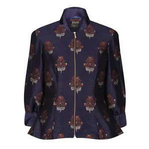 LIONESS BY TF Auburn Embroidered Raw Silk Fitted Jacket Blouse - Blue