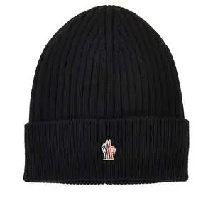 Moncler Logo Patch Wool Beanie Hat - Black