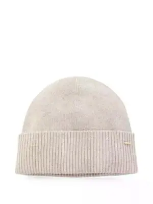BOSS Cashmere Beanie With Metalic Logo Trim - Neutrals