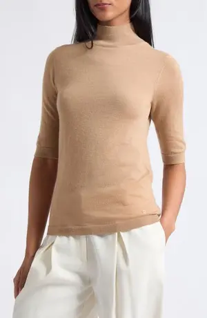 St. John Fine Gauge Cashmere Mock Neck Top - Camel