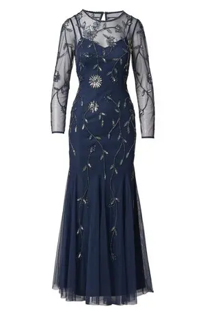 Adrianna Papell Beaded Floral Long Sleeve Mesh Gown