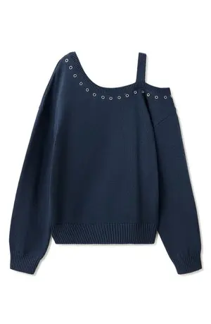 Mango Asymmetrical Off The Shoulder Cotton Sweater - Navy