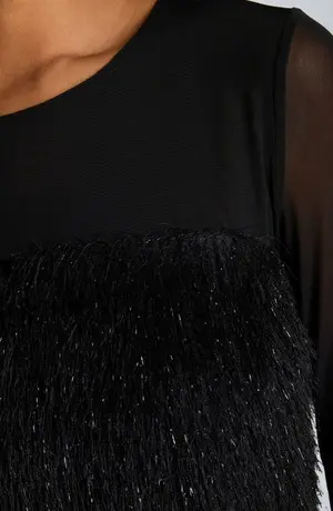 KENNETH COLE COLLECTION Lurex Fringe Mixed Media Top