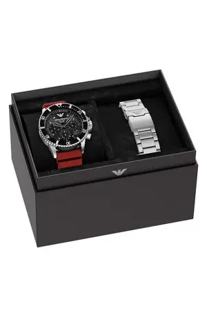 Emporio Armani World Explorer Solar Chronograph Bracelet Watch Set - Red/silver