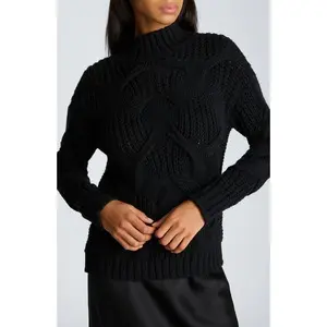 KENNETH COLE COLLECTION Oversized Cable Knit Mock Neck Sweater - Black