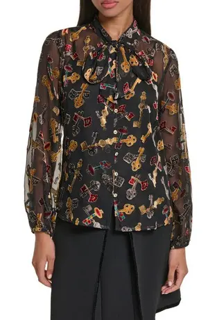 Karl Lagerfeld Paris Velvet Burnout Tie Neck Blouse - Black Multi