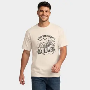 SIMPLY SAGE MARKET Just Waiting For Halloween Skeleton Garment Dyed T-shirt - Ivory