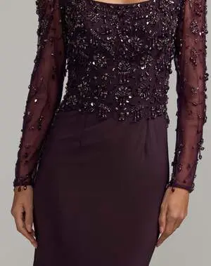 Mac Duggal Long Sleeve Beaded Column Gown