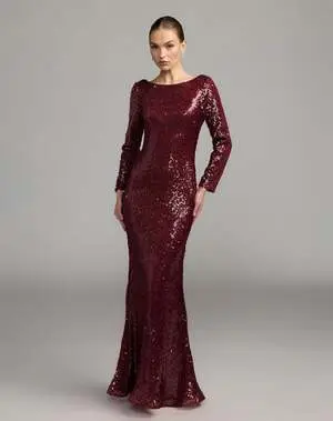 Mac Duggal Long Sleeve Cowl Back Sequin Gown
