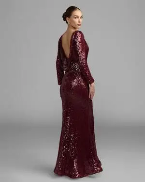 Mac Duggal Long Sleeve Cowl Back Sequin Gown