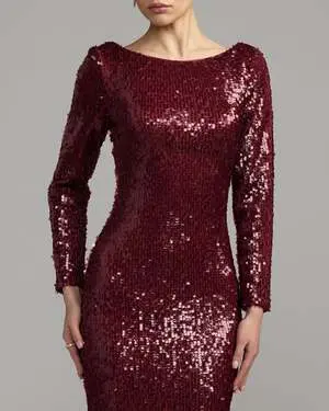 Mac Duggal Long Sleeve Cowl Back Sequin Gown