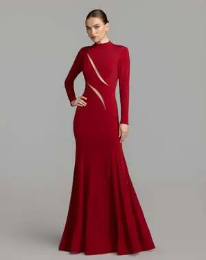 Mac Duggal Mock Neck Long Sleeve Cut Out Jersey Gown - Red