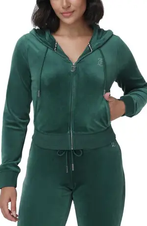 Juicy Couture Luxe Velour Rhinestone Zip Hoodie, - Junebug