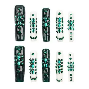3H NAILS Green Enigmax-long Square Press-on Nails - Multicolor