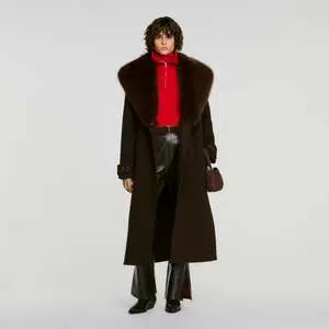 Sandro Coat With Shearling Collar - Brown