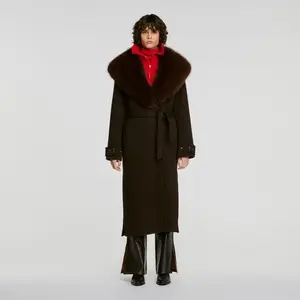 Sandro Long Coat With Faux Fur Collar