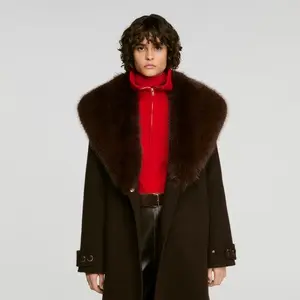 Sandro Long Coat With Faux Fur Collar