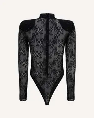 NISSA Long-sleeve Lace And Rhinestone Bodysuit