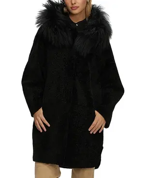 Gorski Reversible Shearling Lamb Stroller With Select Mongolian Lamb Hood Trim Black/black
