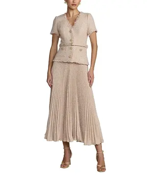 Mac Duggal Boucle Top With Pleated Chiffon Skirt Midi Dress