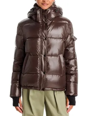 Aqua Ella Glossy Hooded Puffer Coat Exclusive - Espresso