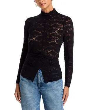 Aqua Long Sleeve Lace Flocked Mock Neck Top Exclusive - Black