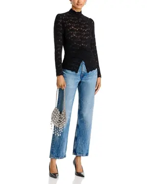 Aqua Long Sleeve Lace Flocked Mock Neck Top Exclusive