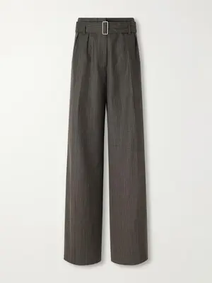 Our Legacy Soar Belted Pinstriped Cotton And Wool-blend Woven Wide-leg Pants - Gray