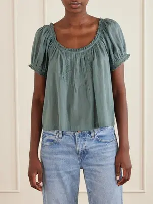 DÔEN Vintage Lace Trimmed Blouse - Blue