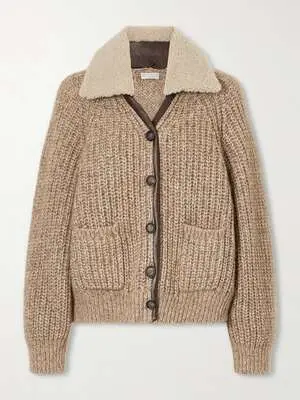 Brunello Cucinelli Shearling And Leather-trimmed Cashmere-blend Cardigan - Brown