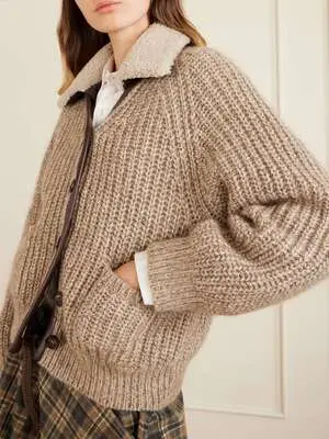 Brunello Cucinelli Shearling And Leather-trimmed Cashmere-blend Cardigan