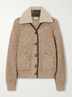 Brunello Cucinelli Rib-knitted Shearling And Leather-trimmed Cashmere-blend Cardigan - Brown
