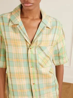 GOD'S TRUE CASHMERE Lime Moss Checked Linen Shirt