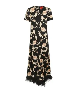 La DoubleJ Floral-print Feather-trim Dress - Black
