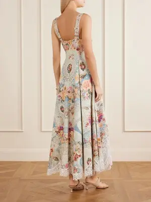 Camilla Printed Lace-trimmed Cotton-blend Midi Dress