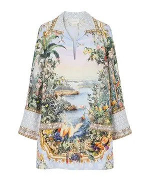 Camilla Crystal-embellished Printed Linen Mini Dress