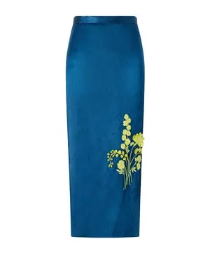 Erdem Floral-embroidered Metallic Satin Midi Skirt - Blue