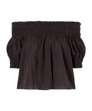 Matteau Shirred Off-the-shoulder Checked Cotton Blouse - No