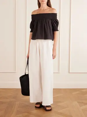 Matteau Shirred Off-the-shoulder Checked Cotton Blouse
