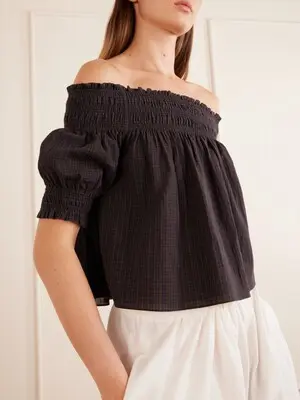 Matteau Shirred Off-the-shoulder Checked Cotton Blouse