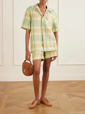 GOD'S TRUE CASHMERE Lime Moss Checked Linen Shorts