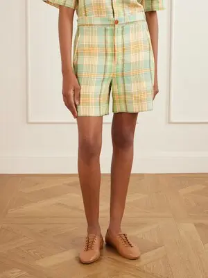 GOD'S TRUE CASHMERE Lime Moss Checked Linen Shorts