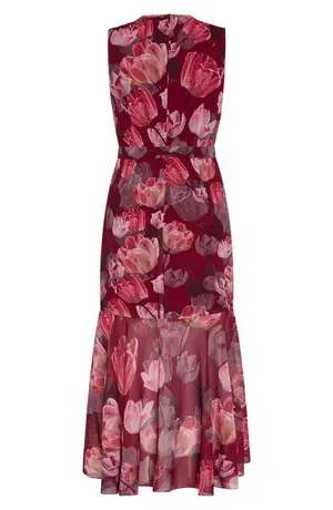 MILLY Nanci Floral Print Asymmetrical Ruffle Midi Dress