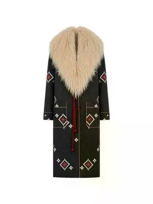FORTELA Shearling-collar Geometric-print Coat - Grey