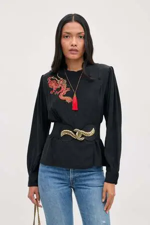 Rixo Sylvie Rose Dragon Embroidery Red Regular - Black