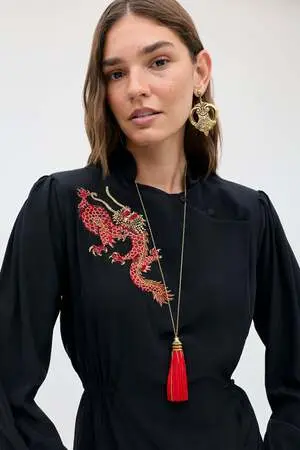 Rixo Sylvie Rose Dragon Embroidery Red Regular