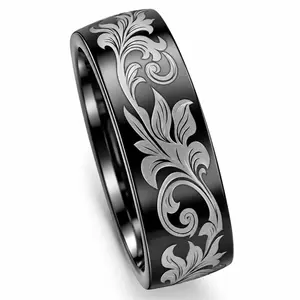 BLISS DIAMOND Black Barrel Script Titainum Ring 7mm Comfort Fit Wedding Band