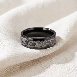 BLISS DIAMOND Black Barrel Script Titainum Ring 7mm Comfort Fit Wedding Band