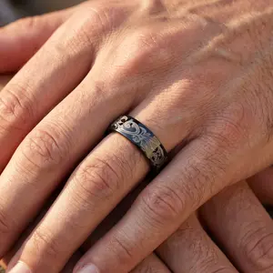 BLISS DIAMOND Black Barrel Script Titainum Ring 7mm Comfort Fit Wedding Band