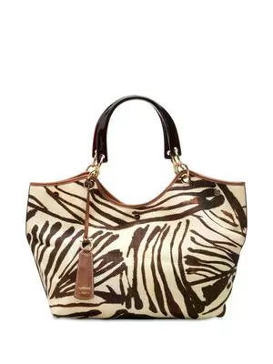 FERRAGAMO 2000-2026 Zebra Printed Straw Shopper Tote Bag